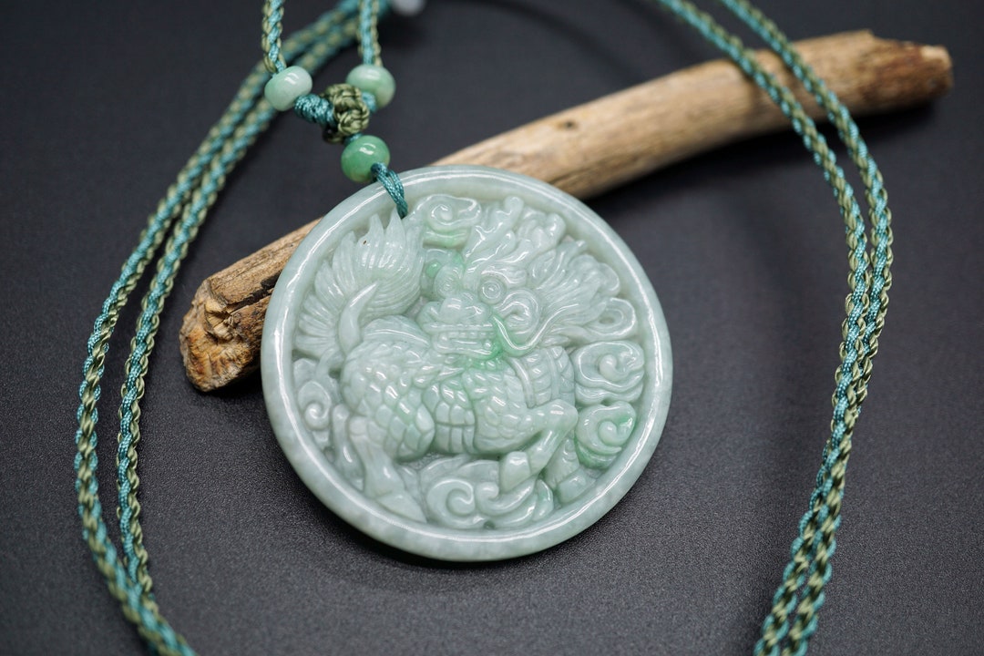 Genuine Jade Qilin Pendant, Carved Round Pendant, Jade Kirin Necklace ...