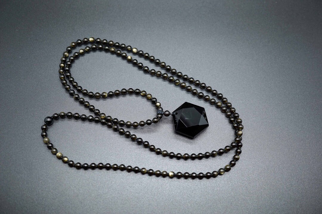 Natural Obsidian Hexagram, Gold Obsidian Beaded Long Necklace, Black ...