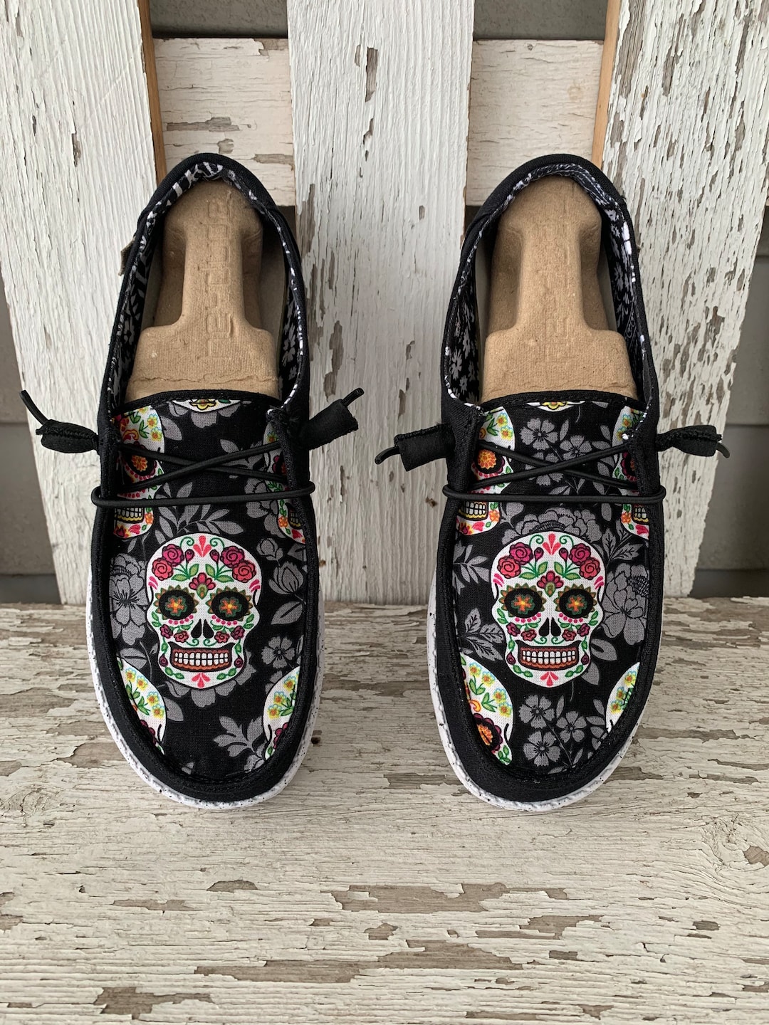 Custom Black Sugar Skull Hey Dude Shoe - Women’s - Etsy