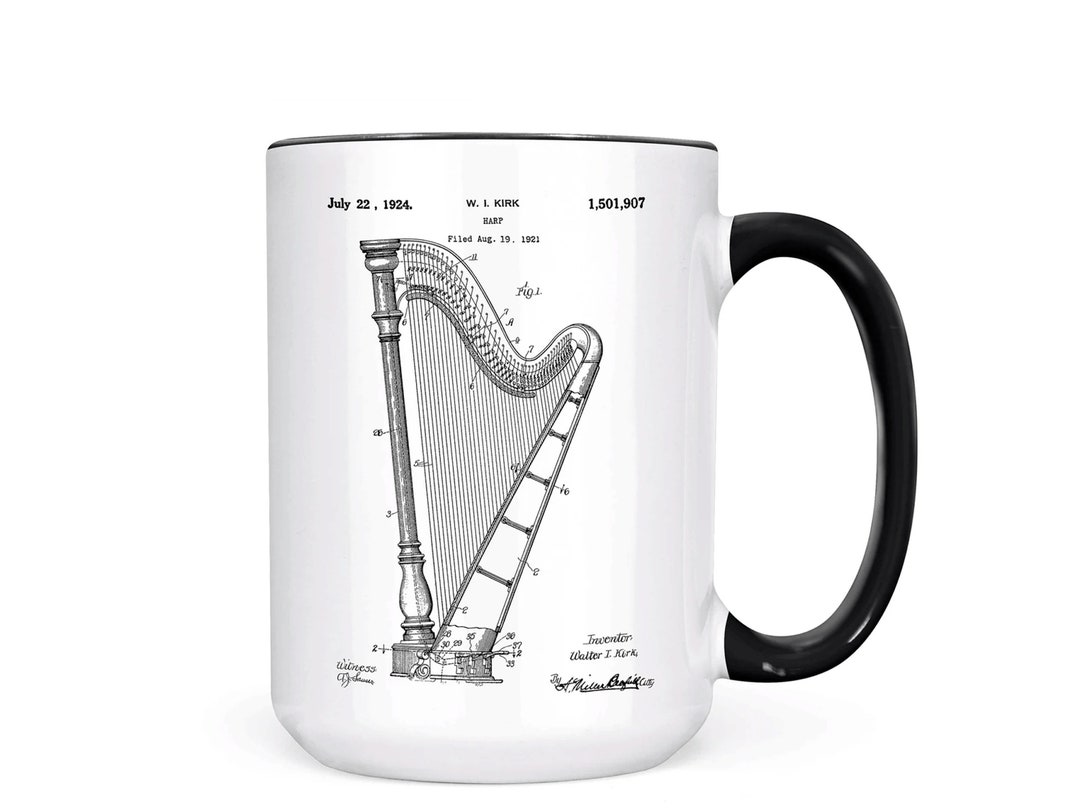 Vintage Harp Blueprint Mug, Harp Player Gift, Gift for Harp Music ...
