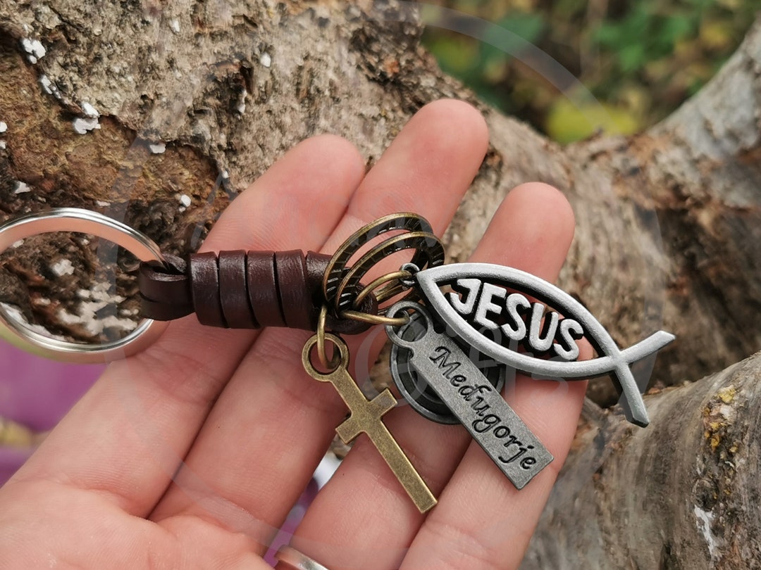 Christian Leather Keychain: Jesus Fish, Cross Pendant, Devotional ...
