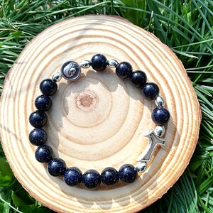 Blue Sandstone Gemstone Rosary Bracelet, Tau Franciscan Cross, Divine ...