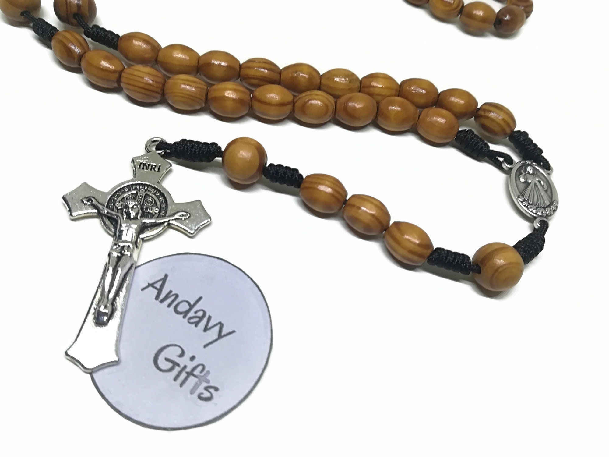 Large Catholic Divine Mercy Wood Mens Women Rosary With St Benedict ...