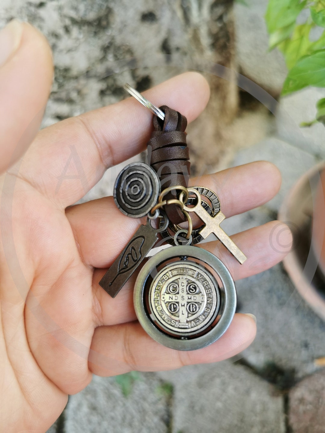 Christian Custom Edc Leather Keychain for Him, Saint Benedict Medal Key ...