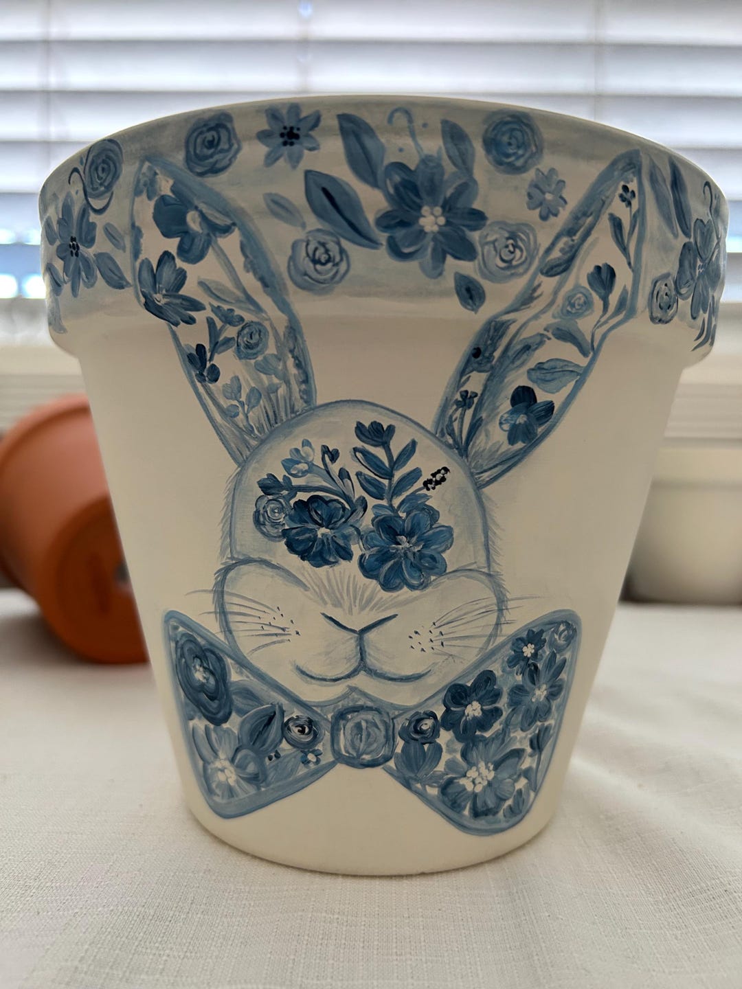 Hand-painted Bunny Terra Cotta Pot: Blue Floral Design (6"x5.5") - Etsy