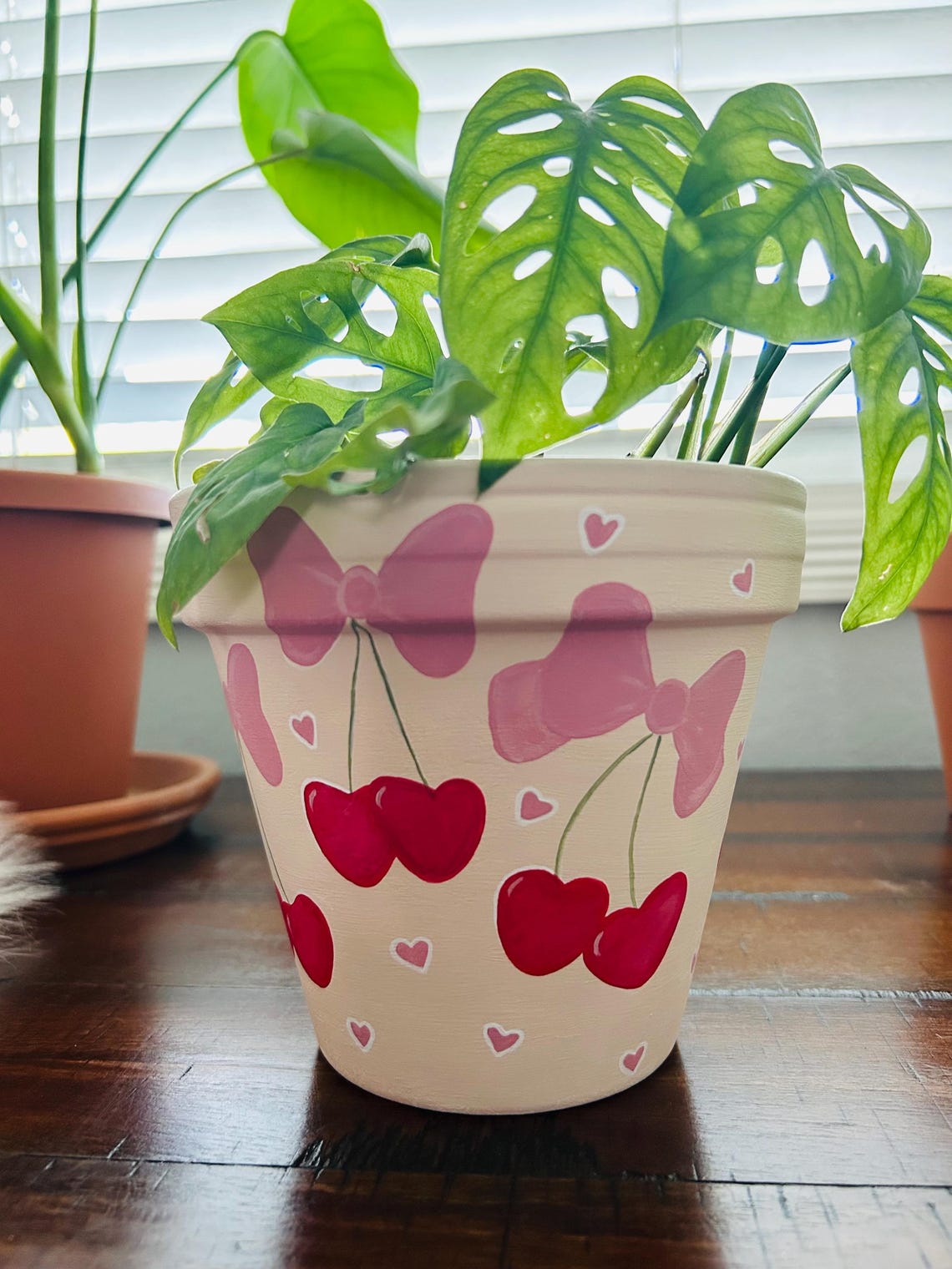 Hand-painted Terra Cotta Pot: Cherries and Bows Indoor Planter (6” X 5. ...
