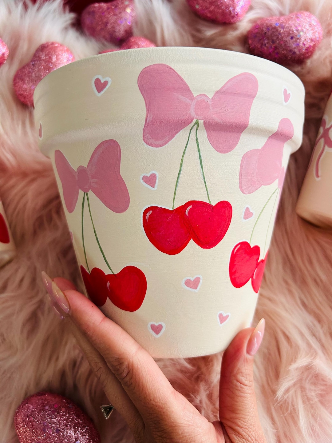 Hand-painted Terra Cotta Pot: Cherries and Bows Indoor Planter (6” X 5. ...