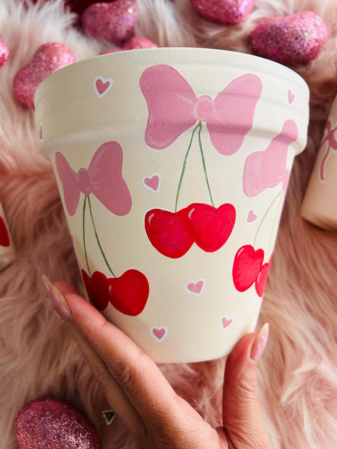 Hand-painted Terra Cotta Pot: Cherries and Bows Indoor Planter (6” X 5. ...