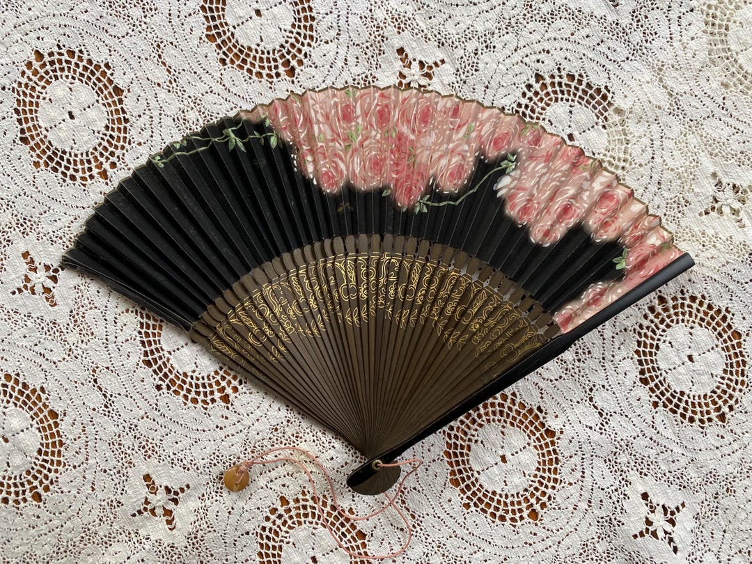 Vintage Black & Rose Hand Fan, Antique Hand Fan, Rose Hand Fan, Vintage ...