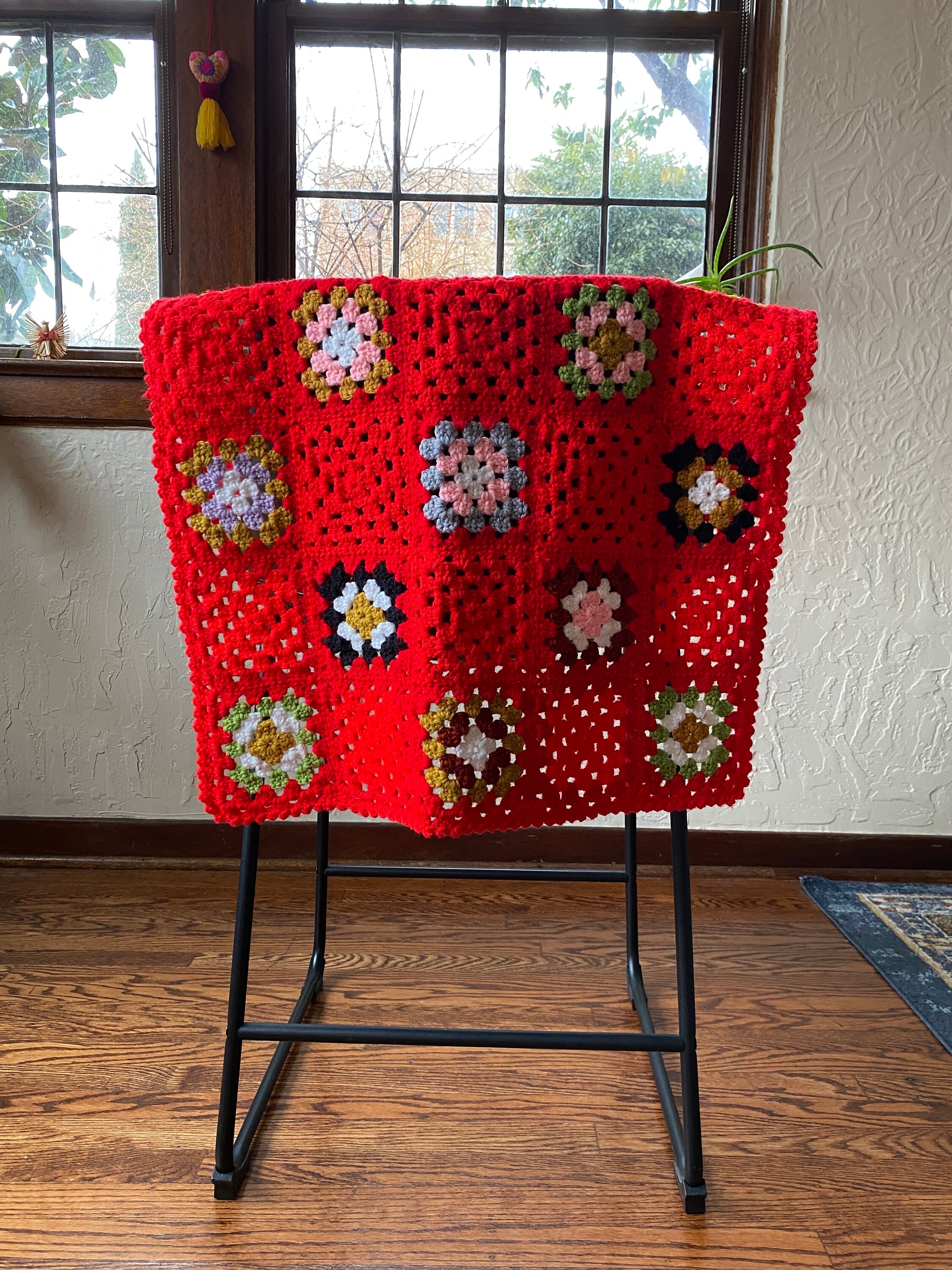 Vintage Handmade Red Granny Square Blanket, Roseanne Granny Square ...