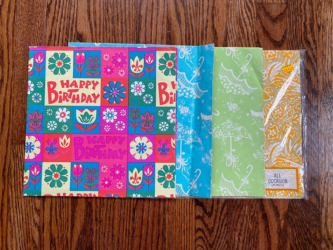 4 1950-70's Wrapping Paper, Flower Wrapping Paper, Vintage Wrapping ...