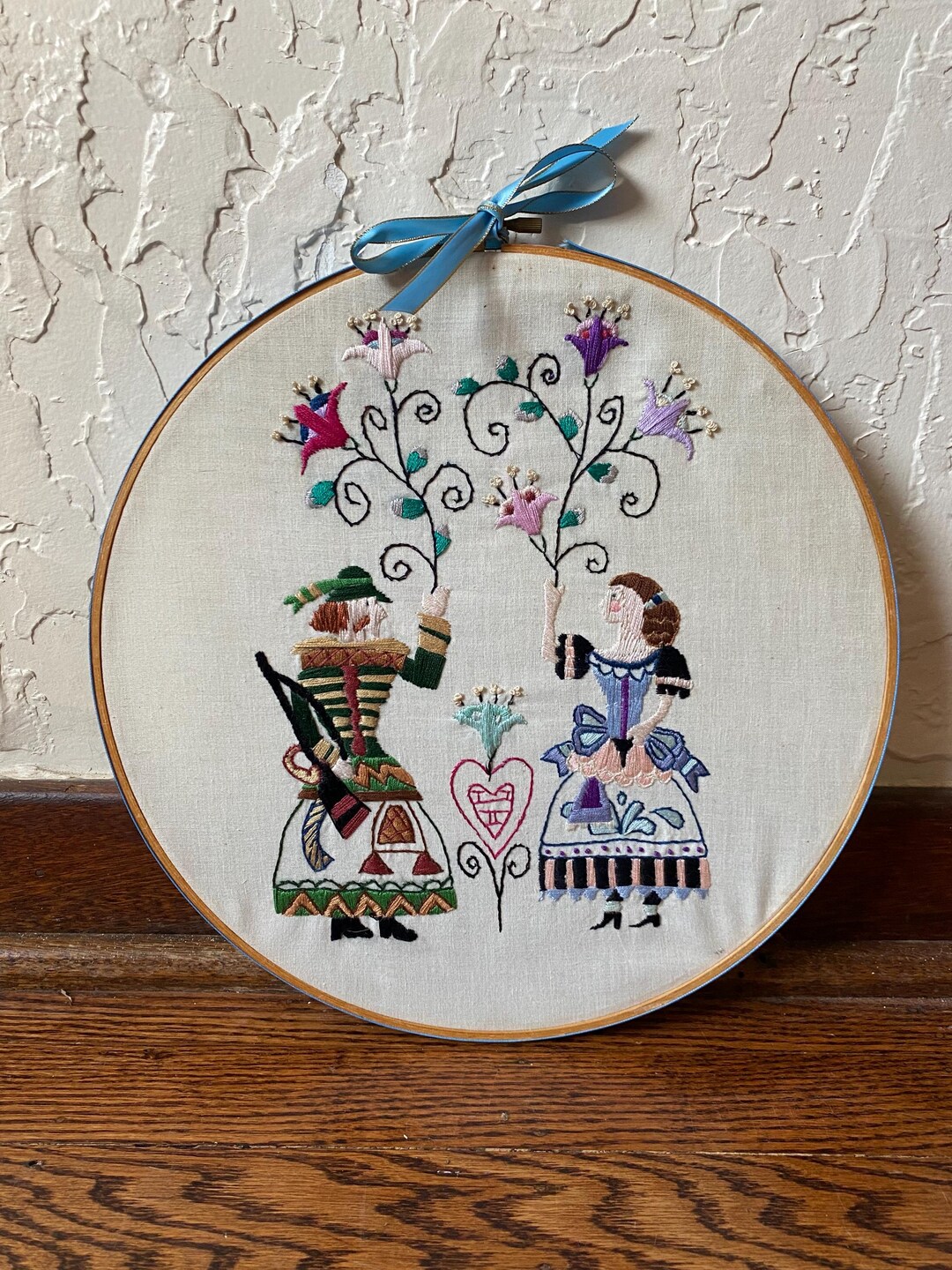 Vintage Folk People Embroidery, Needlework Art, Vintage Crewel Framed ...