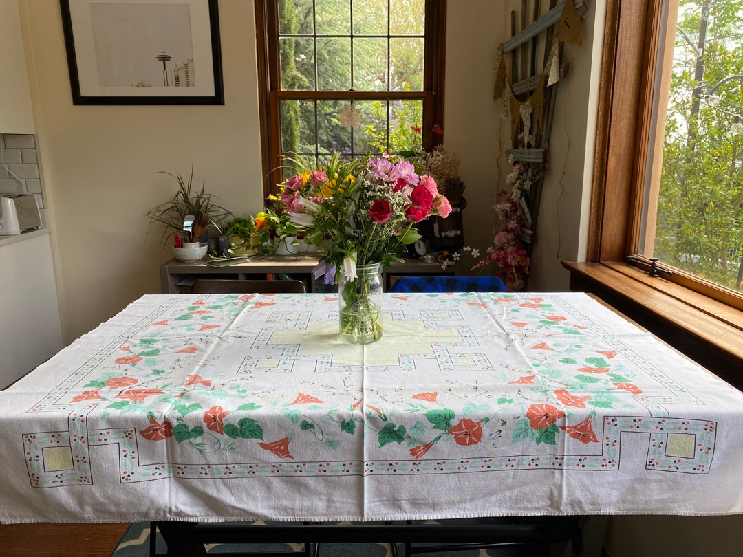 Price Drop Mid Century Morning Glory Tablecloth, Retro Tablecloth ...
