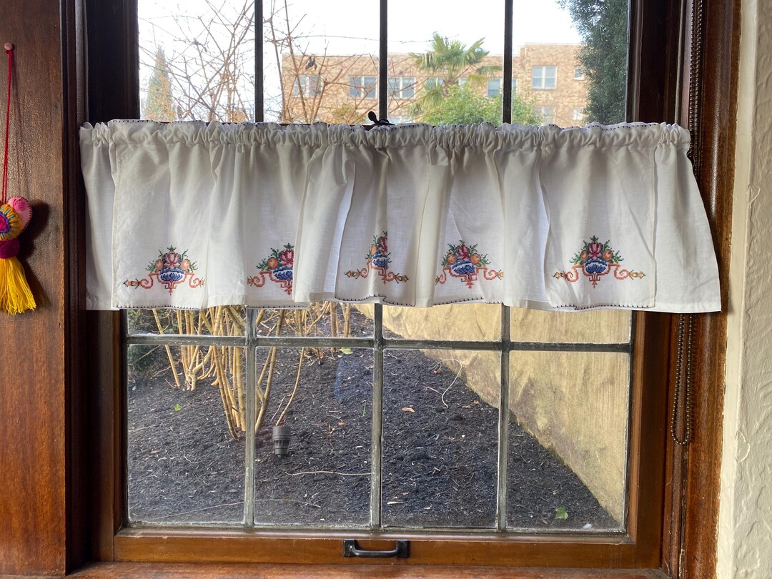 Vintage Handmade Cross Stitch Flower Basket Valance, Victorian Curtain ...