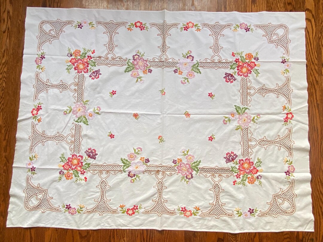 Vintage German Embroidered Floral Tablecloth, Shabby Chic Kitchen ...