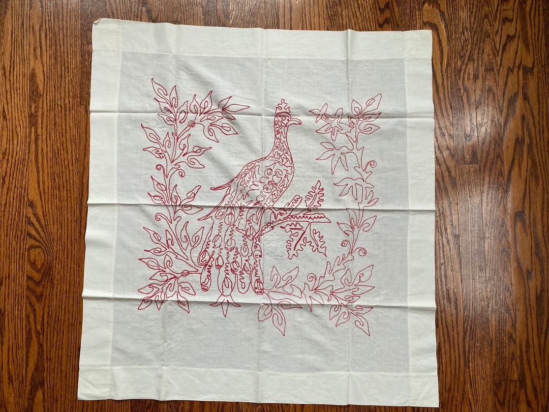 Price Drop Antique Redwork Embroidery Lyrebird Panel, Redwork Embroidery, Vintage Peacock ...