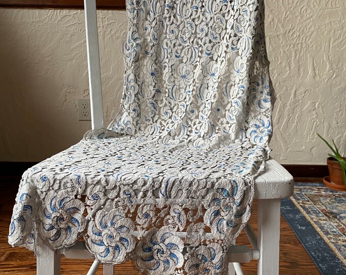 Vintage Silver and Blue Floral Mesh Lace Table Runner, Floral Lace ...