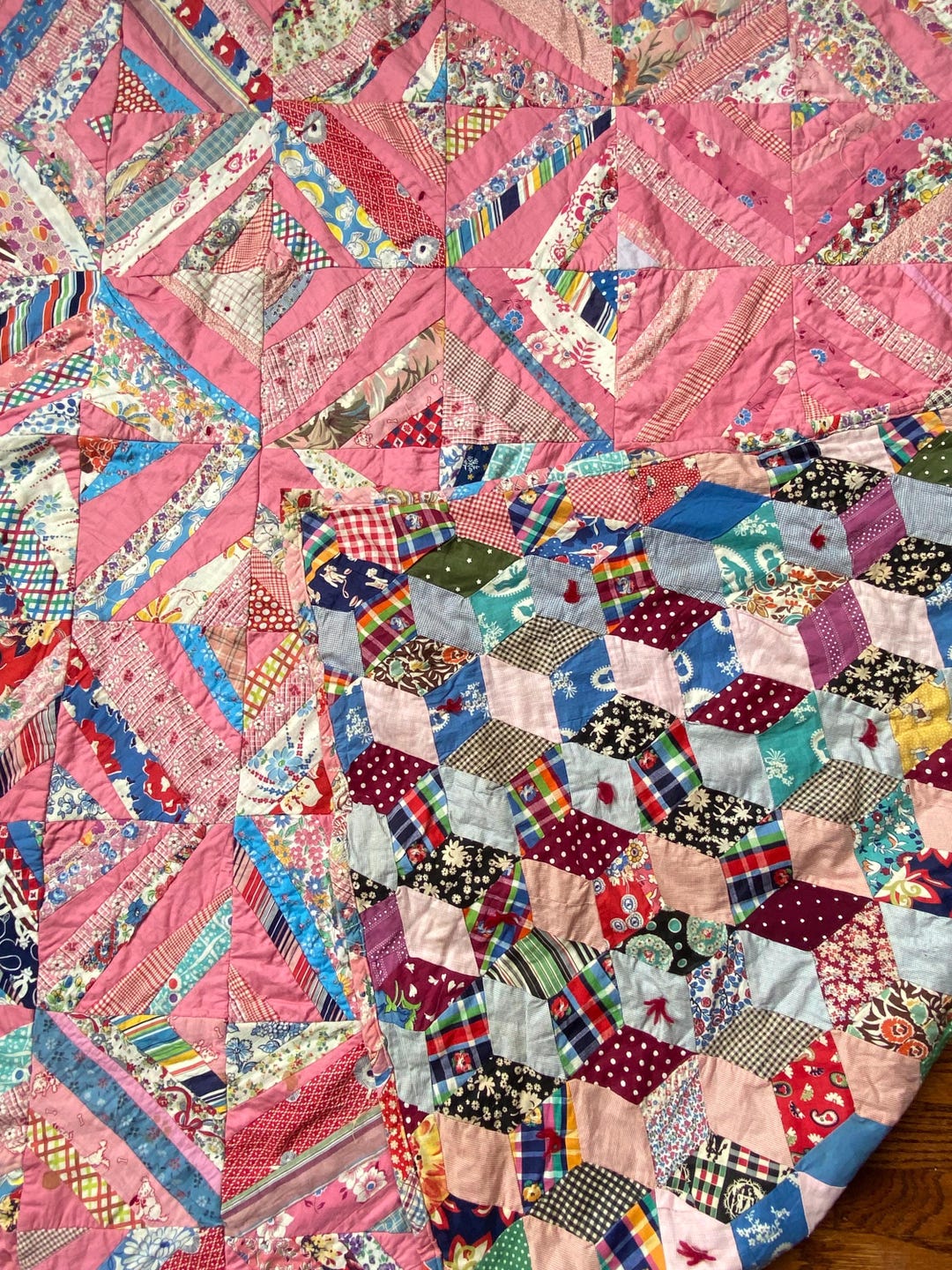 1930-50s Reversible Quilt, Tumbling Blocks Quilt, Crazy Quilt, 1930s ...