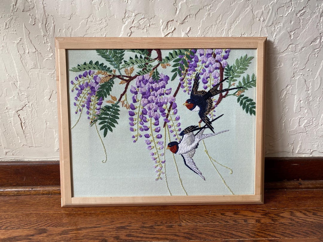 RARE Japanese Swallow Wisteria Bunka Embroidery, Vintage Needlepoint ...