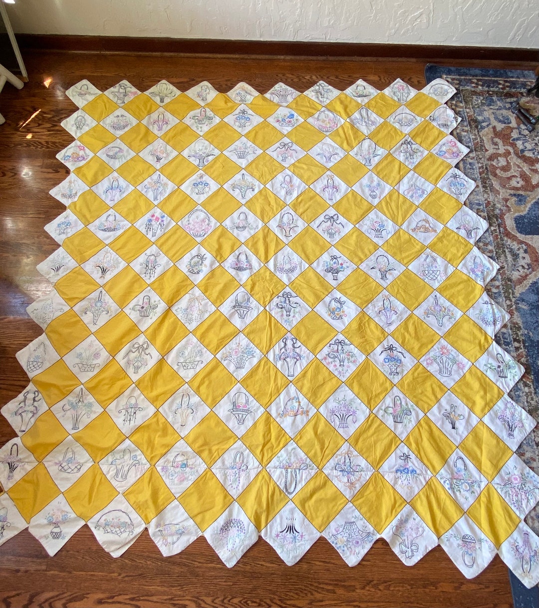 Price Drop Exquisite 1920/30s Hand Embroidered Flower Basket Coverlet ...