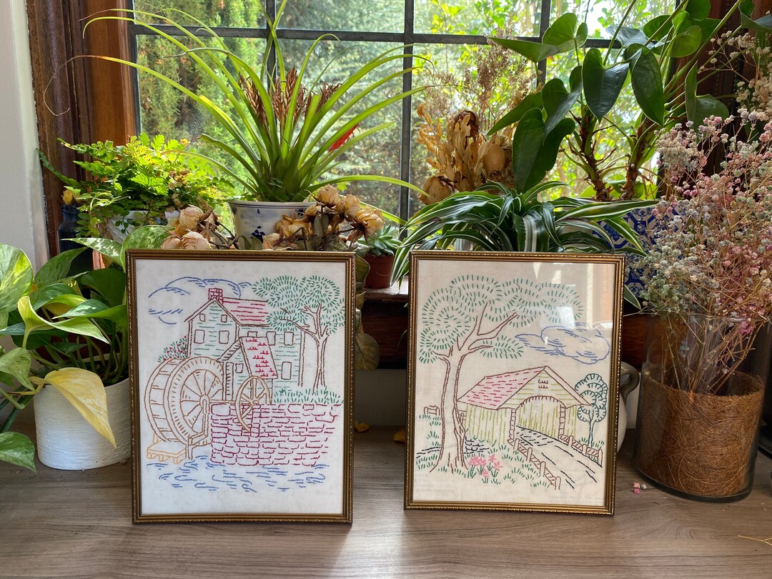 Price Drop 2 Farmhouse Embroidered Art on Flour Sack, Victorian Art ...