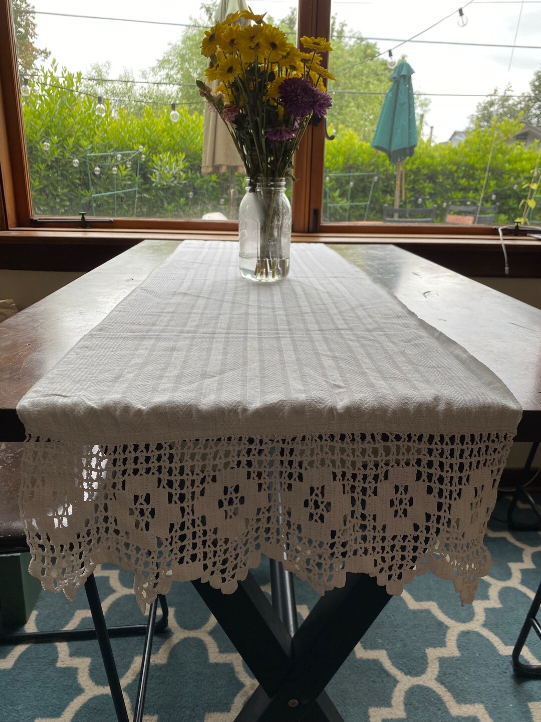 Vintage/antique Damask Table Runner W/ Crochet Edge, Antique Table ...