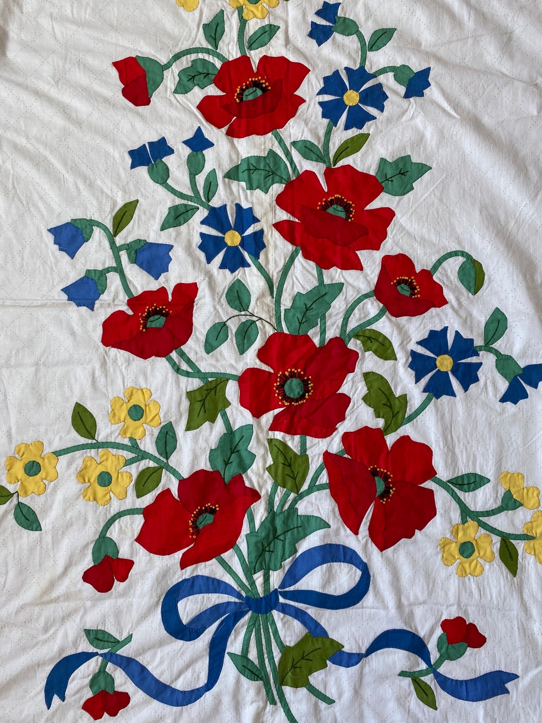1940-50s Red Poppy Flower Appliqué Quilt TOP, Antique Quilt Top, Quilt ...