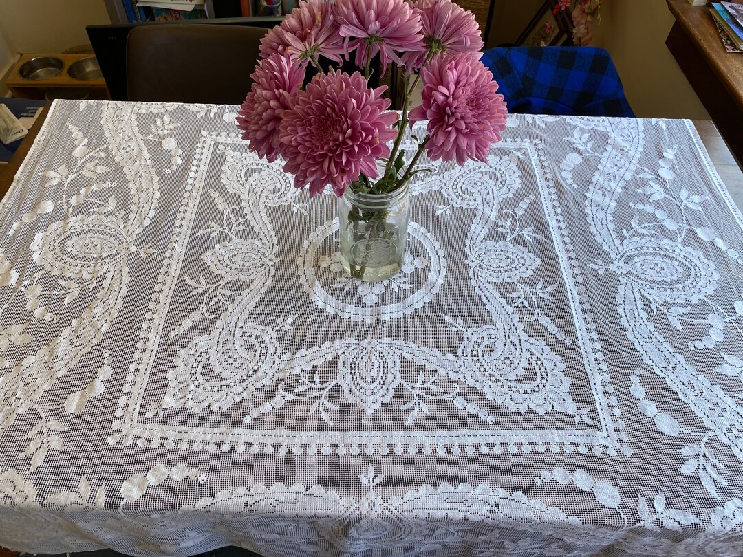Antique Hand Crochet french Filet Net Lace Rose Tablecloth, Rose ...