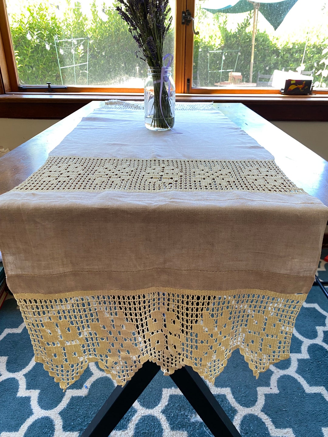 Antique Scandinavian Crochet Linen Table Runner, Linen Table Runner ...