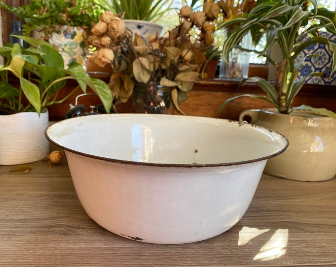 Large Vintage Rustic Navy Blue Rimmed Enamel Bowl, Enamel Bowl, Antique ...