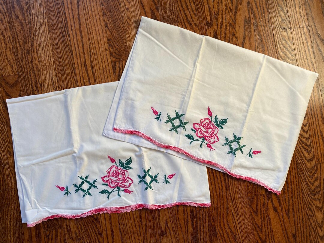 1950s Embroidered Rose Pillowcases, Vintage Rose Bedding, Floral ...