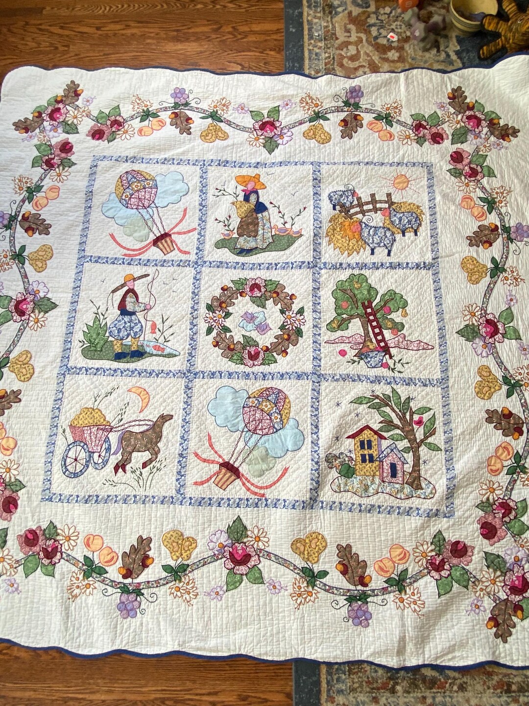 1980/90s Appliquéd Farmhouse Sampler Quilt, Appliqué Quilt, Vintage ...