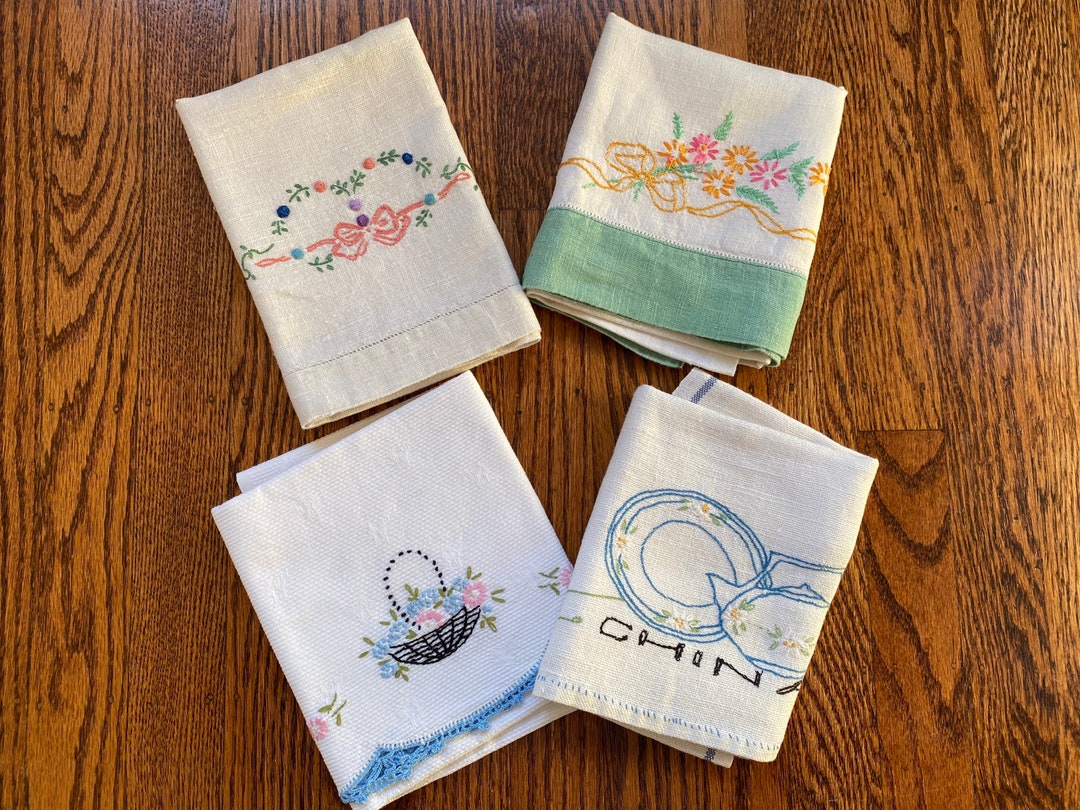 4 Mis-matched Vintage Embroidered Linen Tea Towels, Embroidered Tea ...