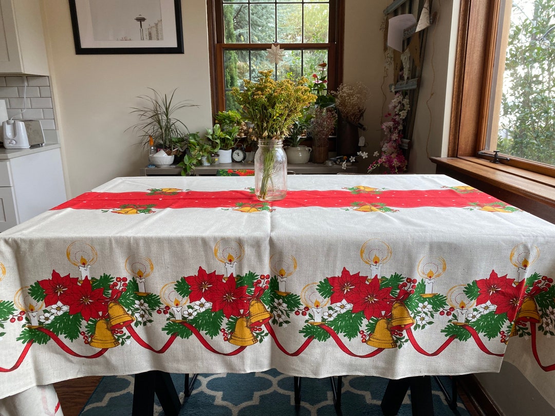 Vintage Scandinavian Christmas Bell Tablecloth, Mid Century Christmas ...