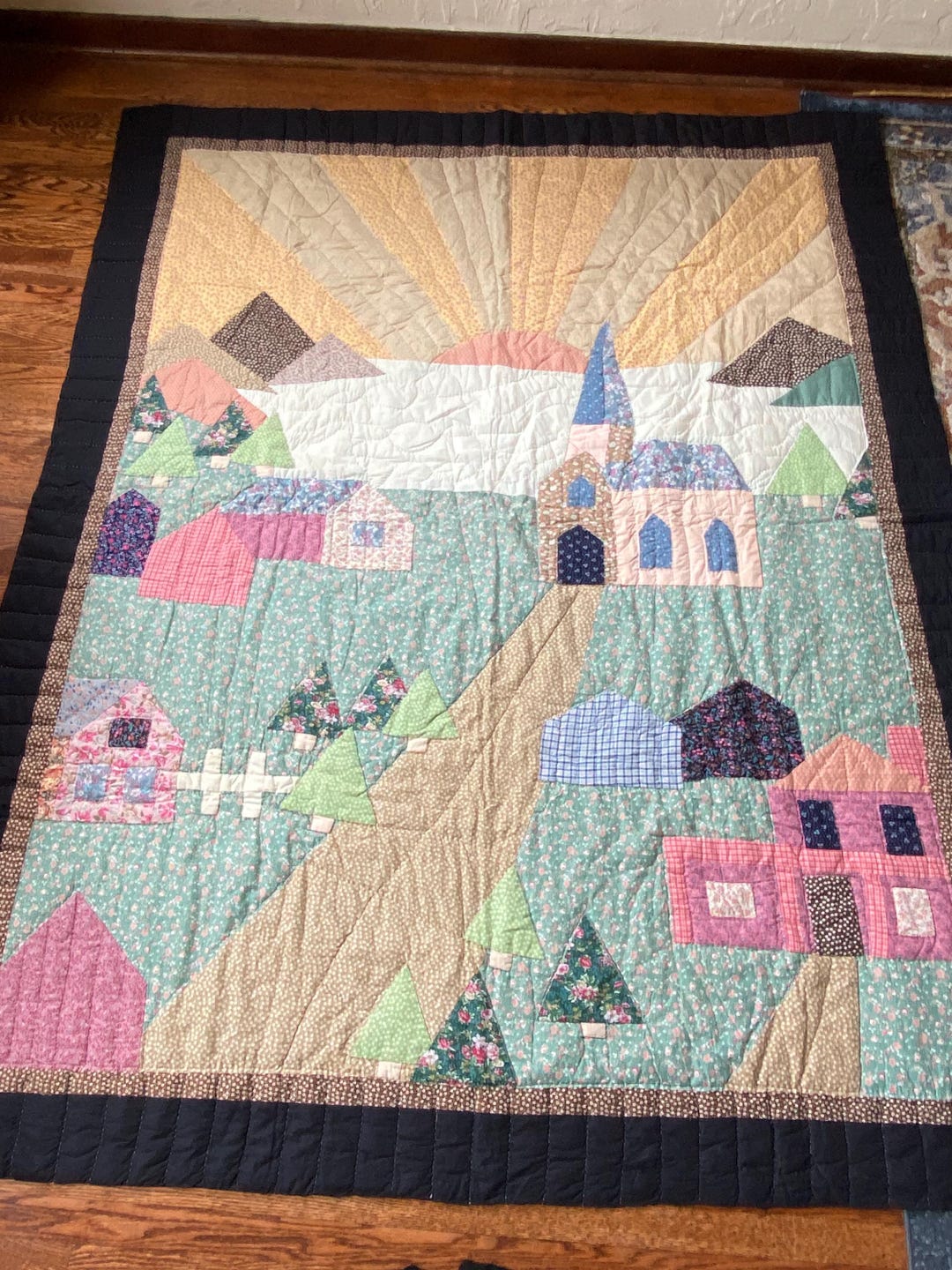 1980/90s Hand Appliquéd Church Village Quilt, Appliqué Quilt, Vintage ...