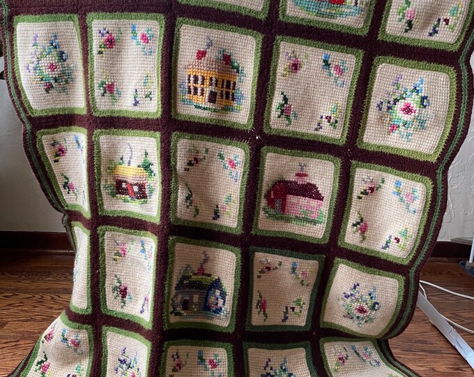 Price Drop! 1950 Colonial Home + Floral Tunisian Cross Stitch Afghan ...