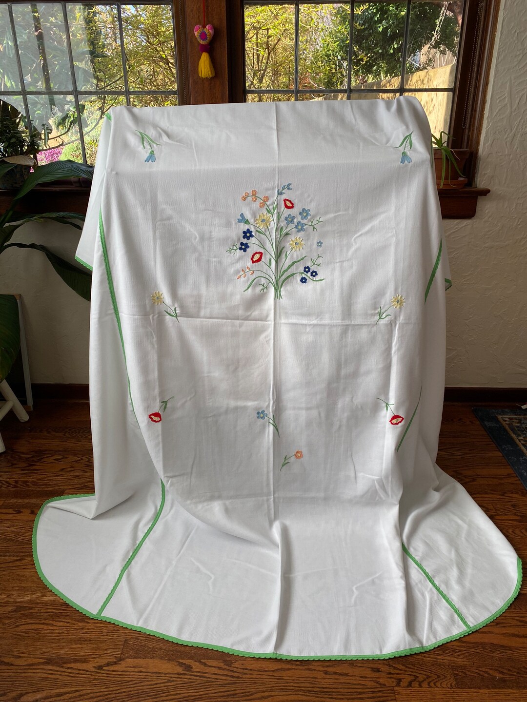 Price Drop Vintage Mid Century Chain Stitch Crewel Floral Coverlet ...