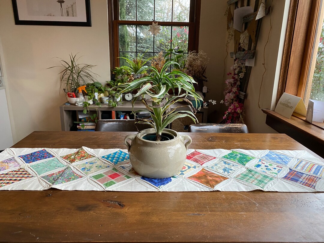 1930-50s Fabric Cathedral Window Table Runner, Quilted Table Runner ...