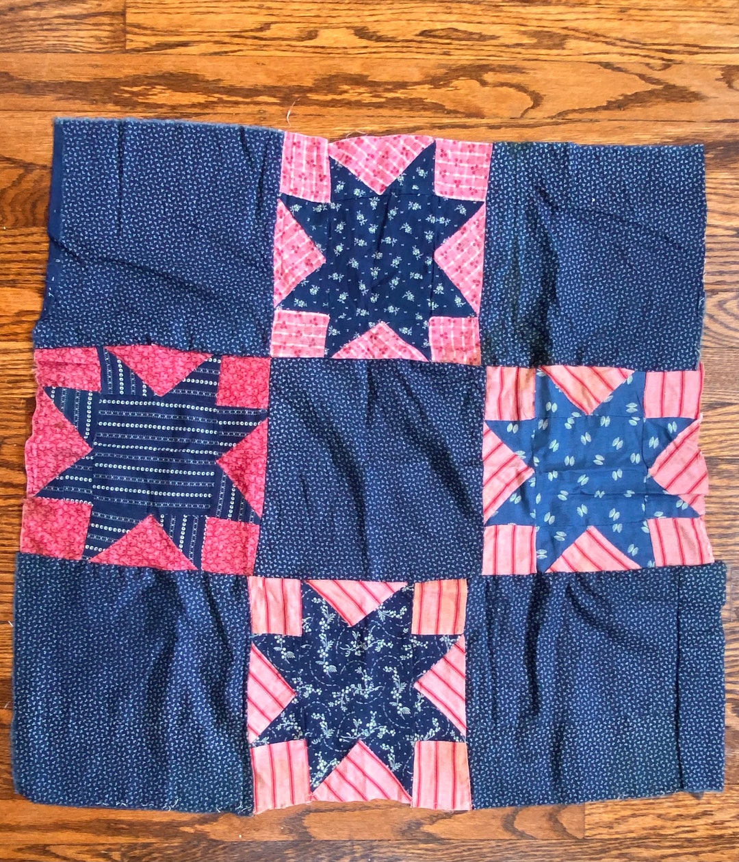 Antique Indigo Pink Sawtooth Star Hand Stitched Quilt Block Panel ...