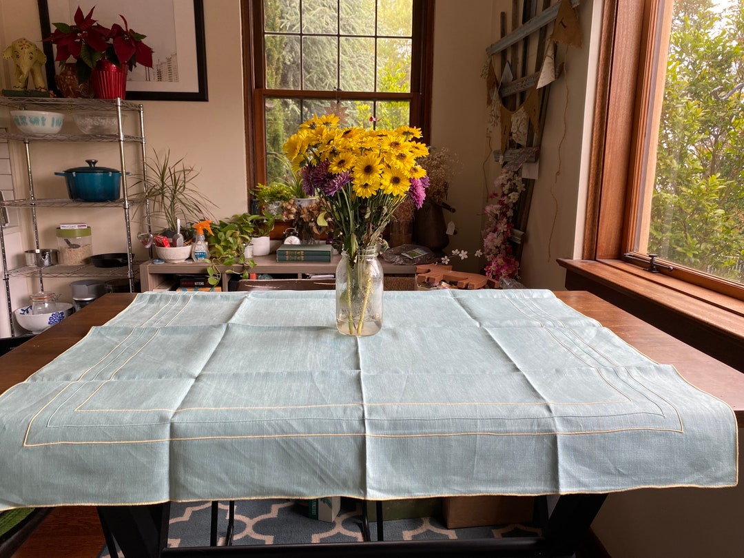 NOS 1950s Blue Linen Tablecloth, 1950s Tablecloth, Spring Tablecloth ...