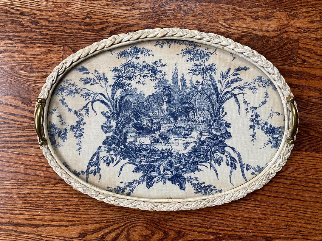 Vintage Glass Wicker Toile Rooster Tray, Rooster Tray, Toile Tray, Folk ...