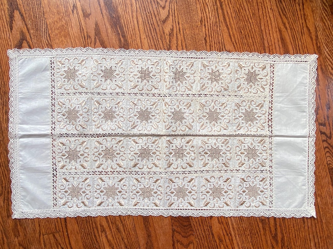 Vintage Gold Lefkara Lace Cyprus Embroidery Table Runner, Vintage Table ...