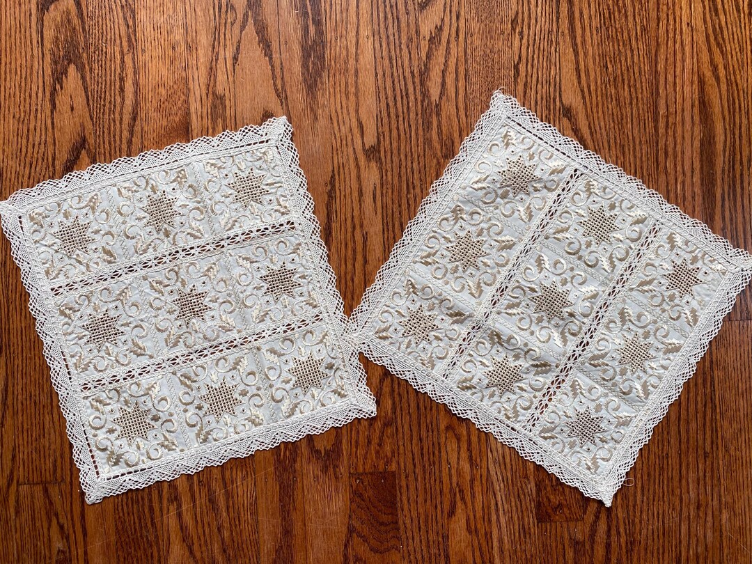 Two Vtg Gold Lefkara Lace Cyprus Embroidery Table Topper, Vintage Table ...