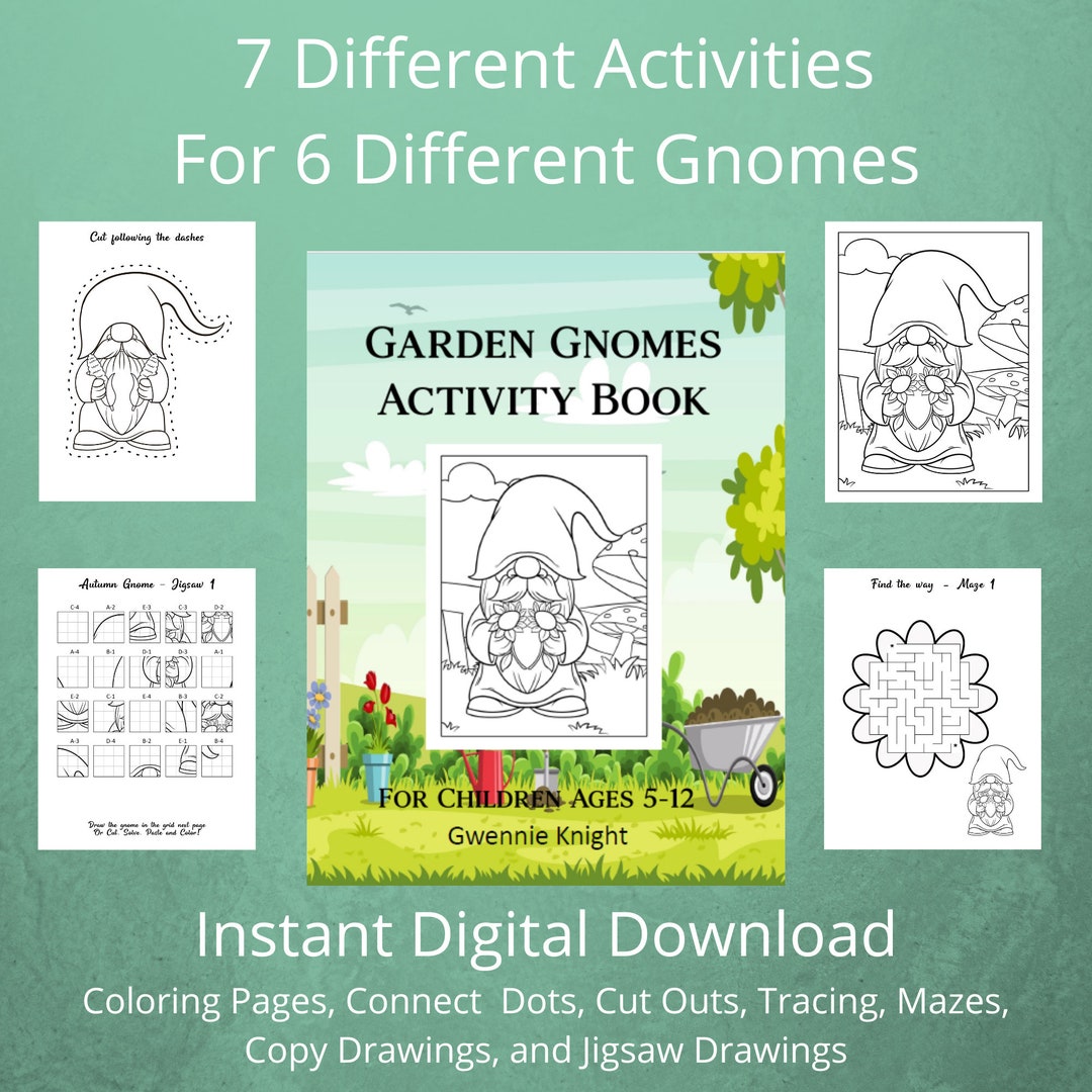 Garden Gnomes Activity Book Coloring Pages, Dot to Dot, Tracing, Cut ...