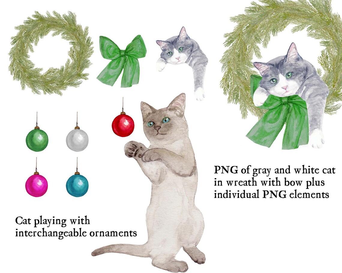 Christmas Cats Watercolor Clipart Digital Download - Etsy