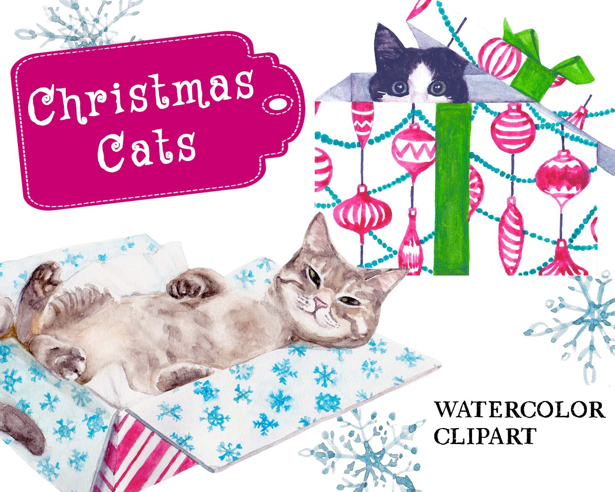 Christmas Cats Watercolor Clipart Digital Download - Etsy