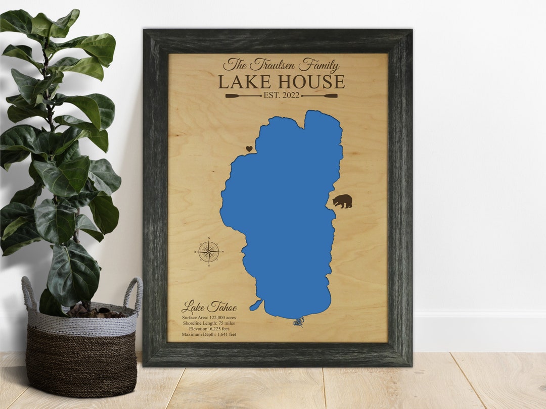 Lake Tahoe Map Custom Wood Maps, Lake House Art, Lake Map Print of Any ...