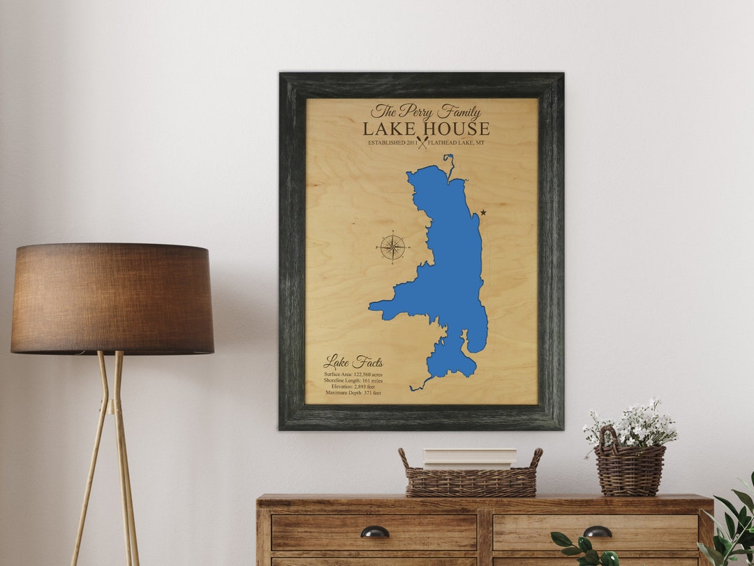 Flat Head Lake Map MT, Lake Art Custom Wood Maps, Lake House Art, Lake ...