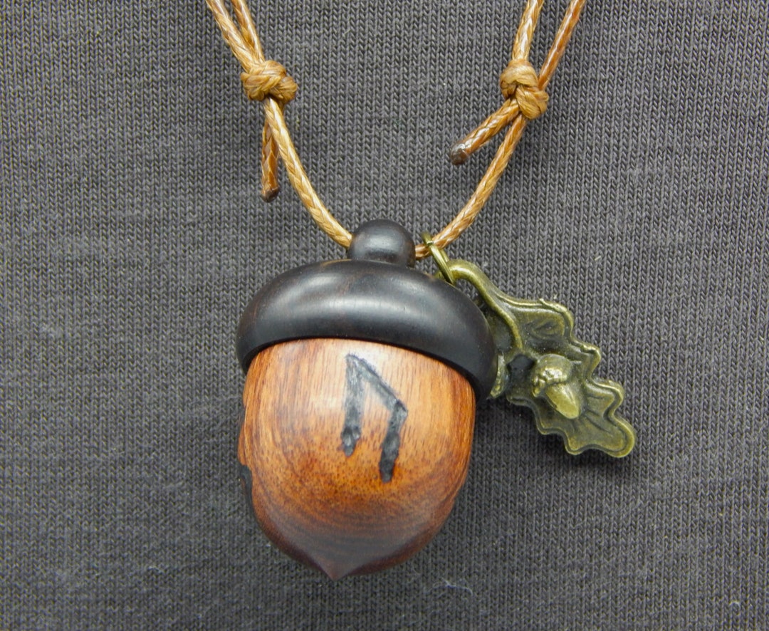 Wooden Acorn Locket Pendant, Ogham Oak Symbol, Runes, Adjustable Cord ...