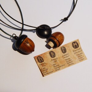 Wooden Acorn Locket Pendant, Ogham Oak Symbol, Runes, Adjustable Cord ...